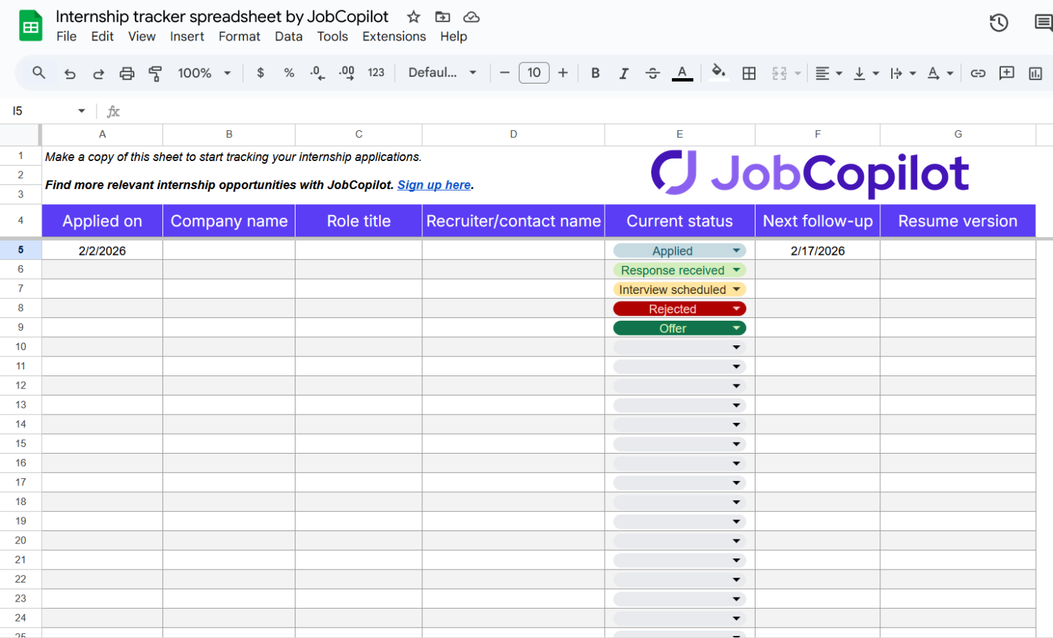 Internship Tracker Spreadsheet (Free Download + How to Use It) - JobCopilot